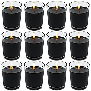 Set of 12 Black Votive Candles for Halloween Pumpkin, Clear Glass Filled Unscented Soy Wax Candle for Dinner, Parties, Home Decorations and DIY