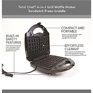 Total Chef 4-in-1 Waffle Maker, Indoor Grill, Sandwich Maker, Panini Press, Electric Griddle, Toaster, Removable Non-Stick Cast Iron Plates, Perfect for Grilled Cheese, Breakfast, Omelets