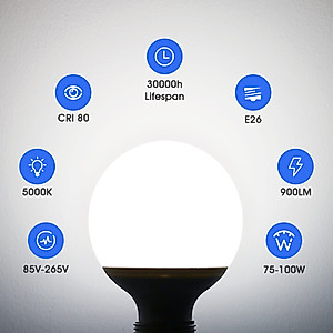 G25 LED Vanity Light Bulbs, 100W LED Globe Bulb Equivalent, 9W LED Vanity Bulbs for Bathroom, 5000K Daylight White 900LM, E26 Base Round Makeup Mirror Bathroom Lights Bulb Décor Lighting, 4 Pack