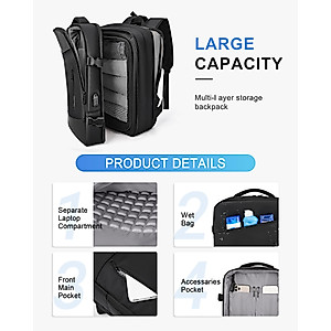 VECAVE Travel Backpack for Women Men,Carry On Backpack,Expandable Airline Airplane Approved Weekenders Backpack,Fit 15.6 Inch Laptop Waterproof 40L Travel Backpack Black