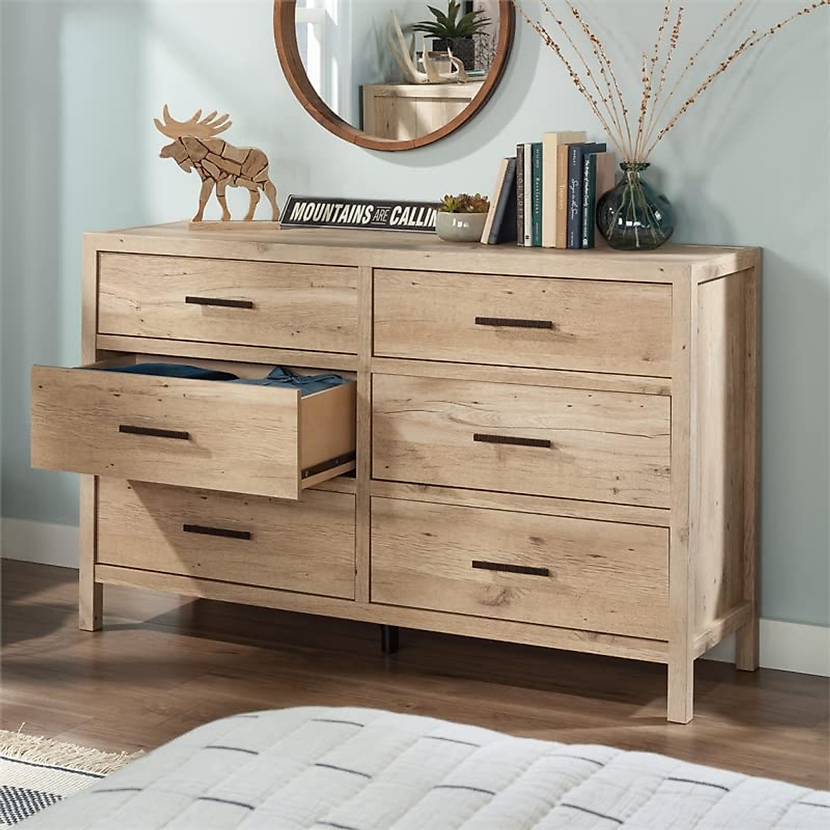 Sauder Pacific View Engineered Wood Metal and Plastic Dresser in Prime Oak