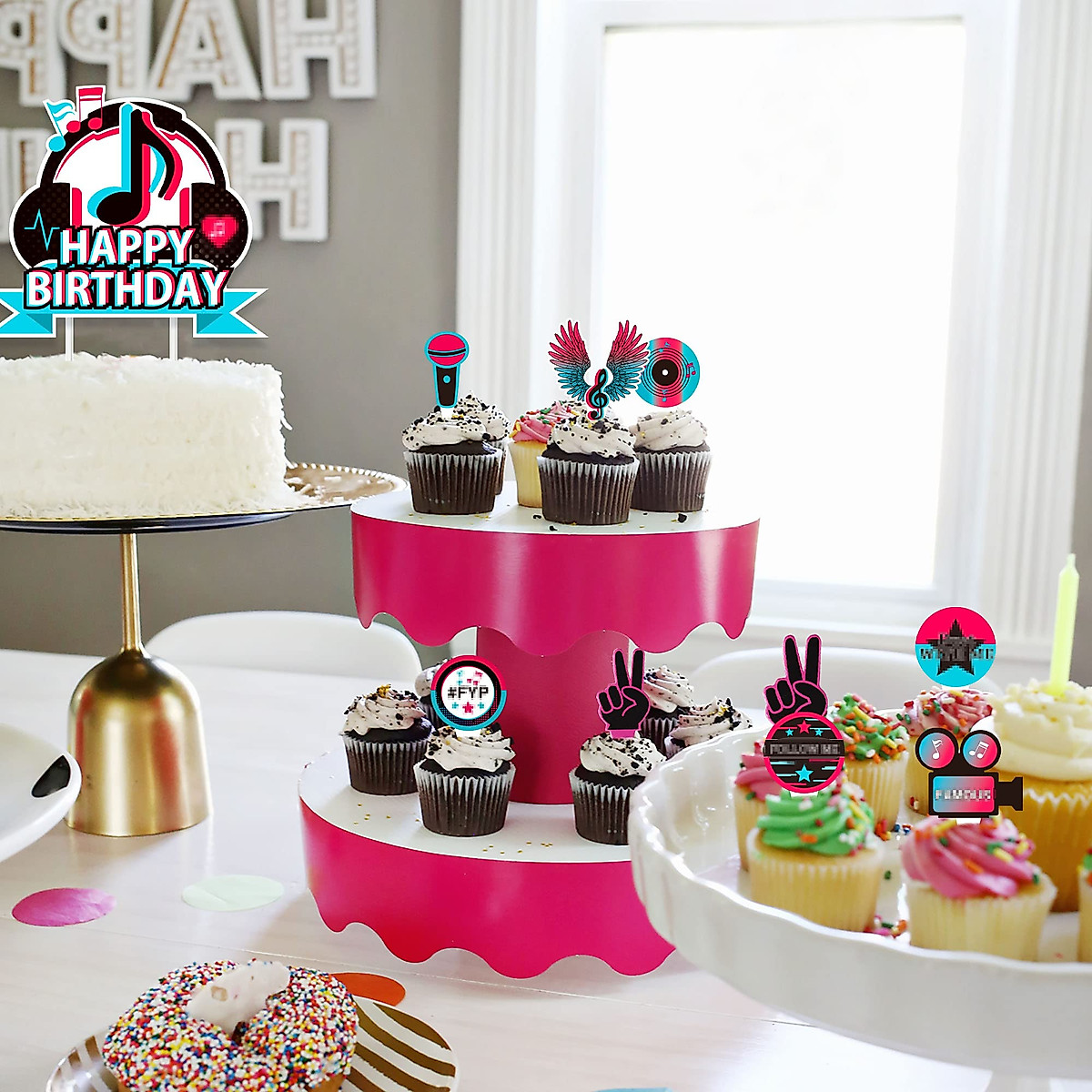 25Pcs Tik Music Happy Birthday Cake Toppers，Musical Tik Cupcake Toppers for Girl's Music Karaoke Themed Party Supplies，Music Birthday Party Decorations