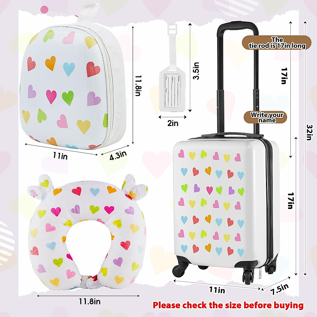 Sanwuta 4 Pieces Heart Luggage for Girls 17 Inch Kids Rolling Luggage White Travel Rolling Suitcase with Wheels Kids Luggage Set with Backpack Neck Pillow Name Tag