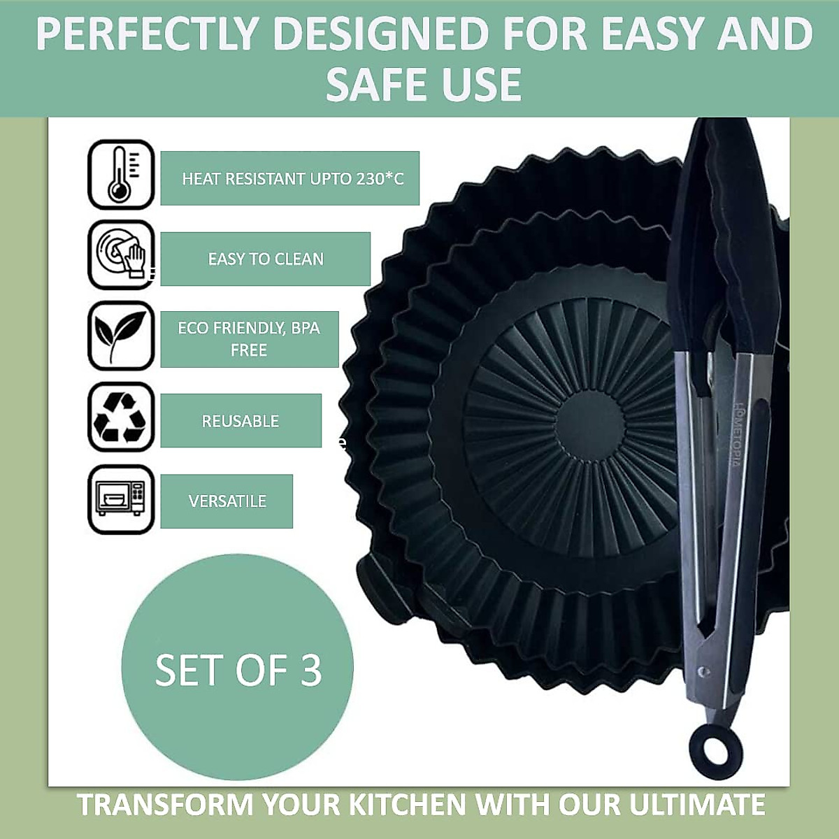 HOMETOPIA (Pack of 3) 2 Air Fryer Silicone Liners 8″&6.5″, 1 Tong, Nonstick & Reusable Baking Tray Oven Accessories, Replacement of Flammable Parchment Paper, Suitable for 3-5 QT Air Fryer (Black)