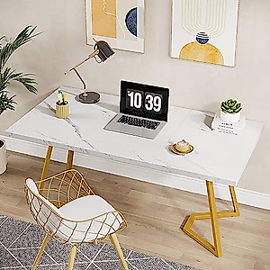 Tribesigns Computer Desk Home Office: White and Gold 55 Inches Office Table with Metal Legs, Modern Faux Marble Study Desk for Writing, Simple Desk for Home Office