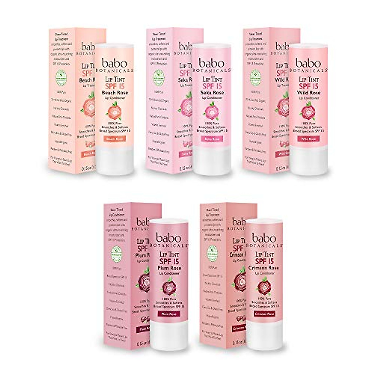 Babo Botanicals 70+% Organic Tinted Mineral Lip Conditioner SPF 15, Water-Resistant Lip Balm, Wild Rose - 0.15 oz.