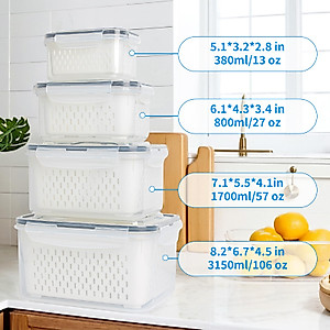 4 Pack Fruit Storage Containers for Fridge with Removable Colanders, Produce Storage Containers for Fridge, Airtight Food Storage Containers for Berry Fruit Vegetable Meat Keeper Fresh (with handle)