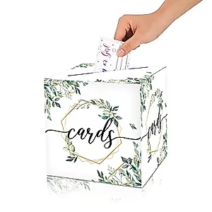 Greenery Card Box - Geometric Gold Foil Collapsible Money Box or Gift Box for Baby & Bride Shower, Birthday, Wedding Reception, Engagement Party, Graduation - 8"x8"x8" Party Favors Decorations Boxes(04)