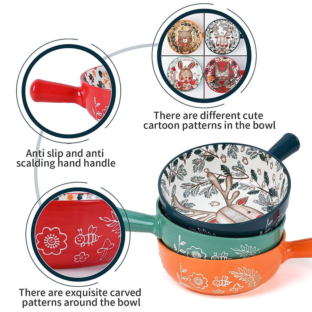 AzjioLi Soup Bowls with Handles - 20oz French Onion Soup Bowls,Soup Crocks Oven Safe,Ceramic Soup Bowls for Salad Pasta Cereal,Cute Cartoon Bowls Microwave Safe(Red Rabbit)