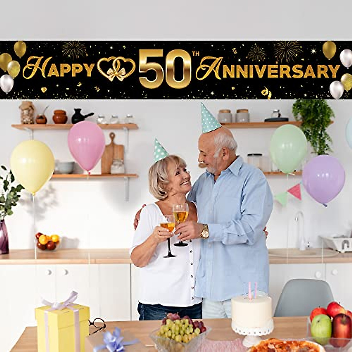 50th Wedding Anniversary Yard Sign Banner Decorations, Golden Happy 50th Anniversary Decorations Backdrop, 50 Years Anniversary Party Supplies Gold for Outdoor Indoor, Sturdy Fabric Vicycaty