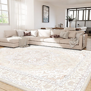 CAPALOCA Area Rug 8x10 Boho Area Rugs Print Machine Washable Rug Vintage Distressed Stain Resistant Soft Carpet Rugs Non Slip Low Pile Water Repellent for Living Room Bedroom Cream/Beige