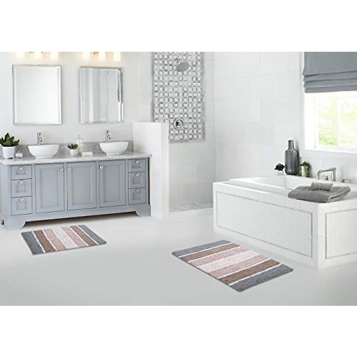 Bathroom Rugs Luxury Stripe Bath Rug Set 21x32-17x24 Spa Grey-Beige,2Piece Mat Set, Soft Plush Anti-Skid Shower Rug +Toilet Mat.Shaggy Carpet, Super Absorbent mats, Machine Washable Bath Mat,