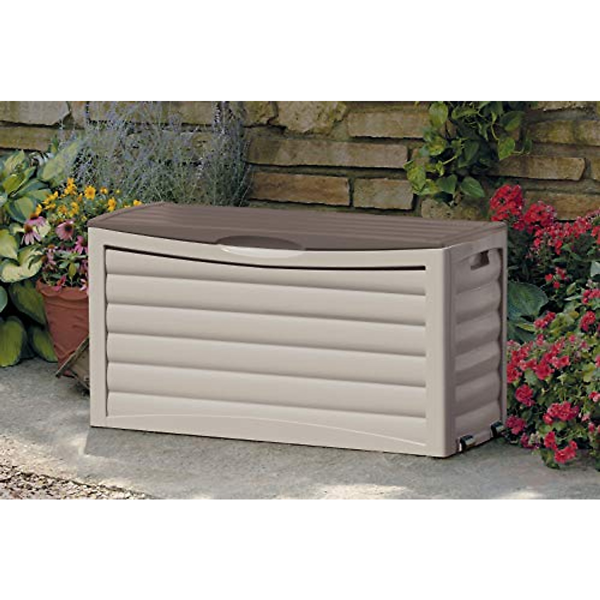 Suncast 63-Gallon Medium Deck Box - Lightweight Resin Indoor/Outdoor Storage Container and Seat for Patio Cushions, Gardening Tools and Toys - Store Items on Patio, Garage, Yard - Gray (DB6300)