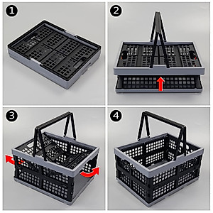 NICESH 2-Pack 15 L Plastic Collapsible Shopping Basket, Folding Storage Crates with Handle