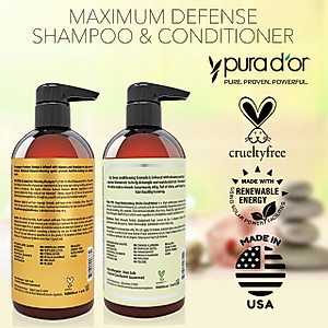 PURA D'OR MD Anti-Thinning Biotin Shampoo & Conditioner Set (16oz x2) Maximum Defense Coal-Tar Strong Scented DHT Blocker Hair Thickening Products For Women & Men, Daily Shampoo For Scalp Health