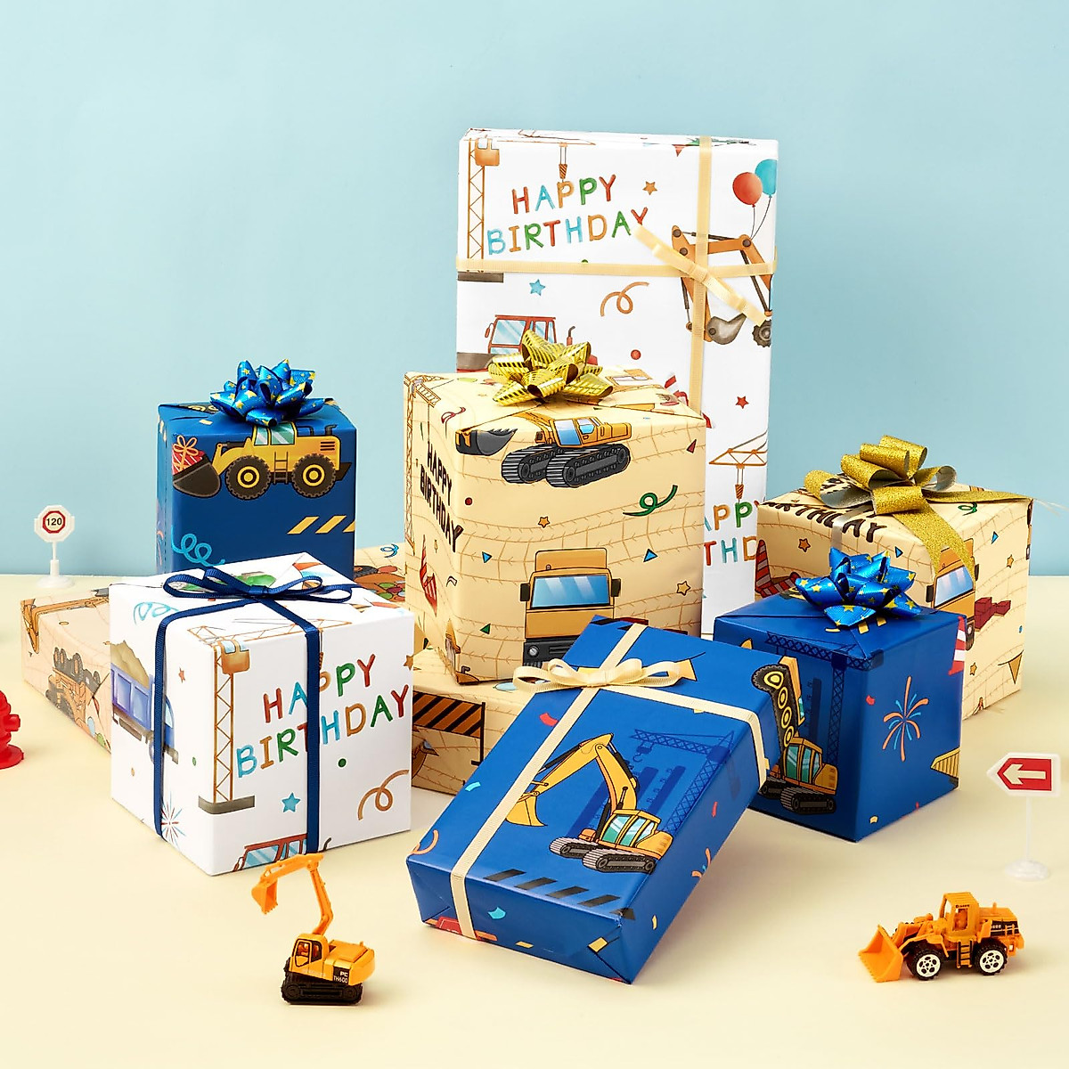 WERNNSAI Construction Wrapping Paper Rolls - 3 Short Rolls Birthday Wrapping Paper Rolls Kids Boys Wrapping Paper Rolls Trucks Wrapping Paper Blue Yellow White Gift Wrapping Paper with Cut Lines 17 in x 10 ft