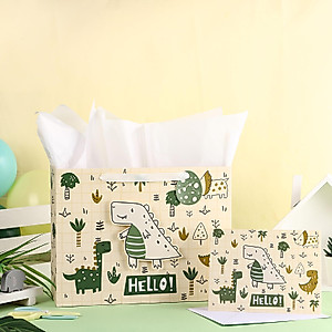 Loveinside Baby Gift Bag Dinosaur and Hedgehog Design with Tissue Paper and Greeting Card for Baby Shower, New Parents, and More - 13" x 5" x 10", 1 Pcs