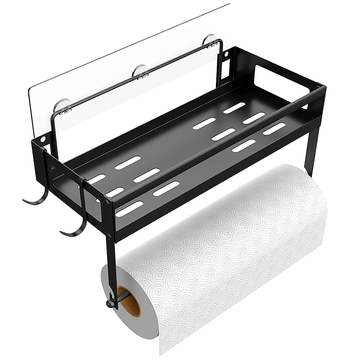 ESOW Paper Towel Holder Wall Mounted for Kitchen 13 in, Paper Towel Roll Rack with Storage Shelf Space, Both Available in Adhesive and Screws, SUS304 Stainless Steel (Matte Black)