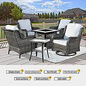 HOOOWOOO Outdoor Patio Furniture Set with Fire Pit Table,6 Pieces Outdoor Conversation Set with Swivel Rocking Chair,Firepit Table and Side Table,High Back Wicker Chairs Patio Set,Gray