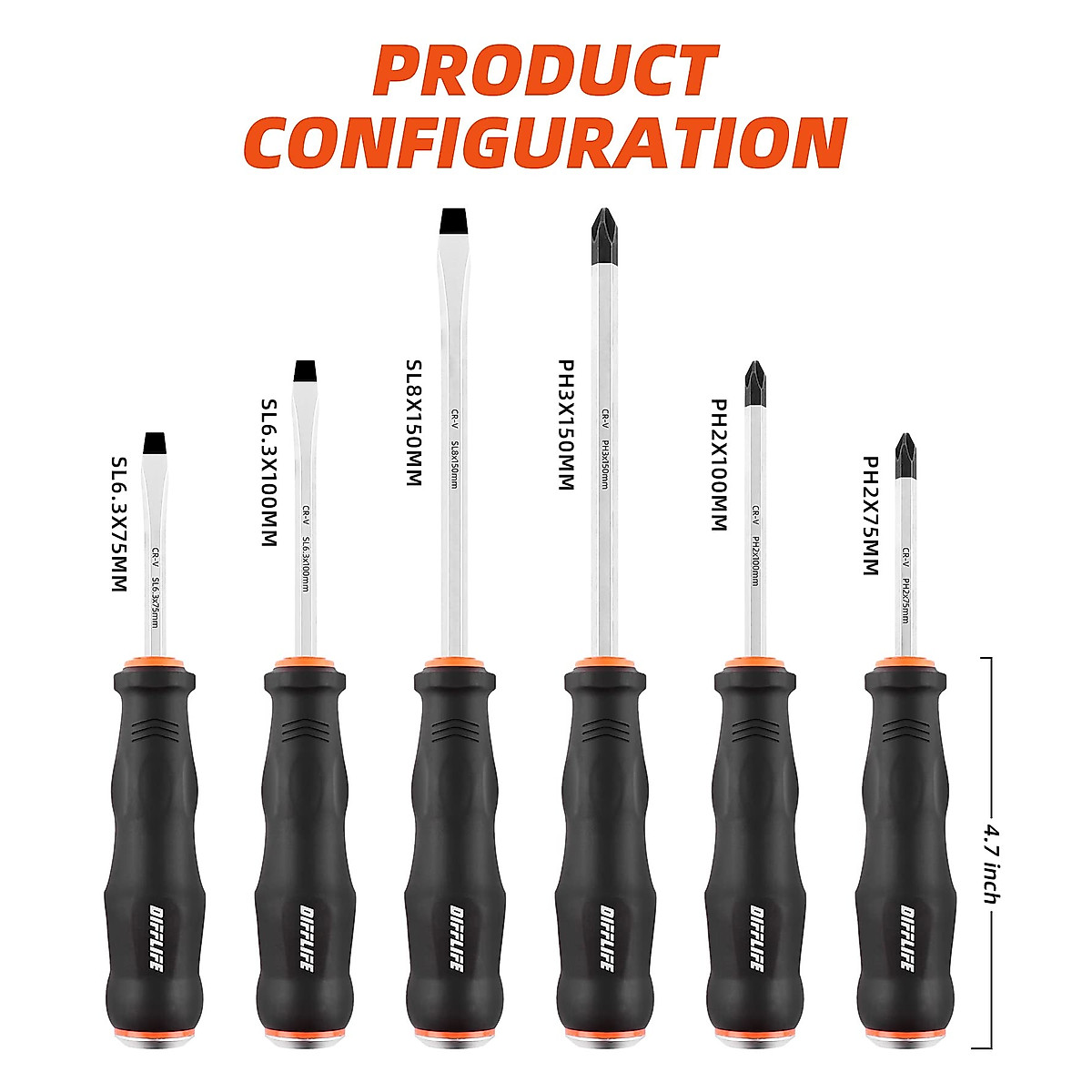 DIFFLIFE Screwdriver Sets Screwdriver Kit 6-Piece, Professional Cushion Grip Insulated Magnetic Tip Electrician Screwdriver Kits (6-Piece)