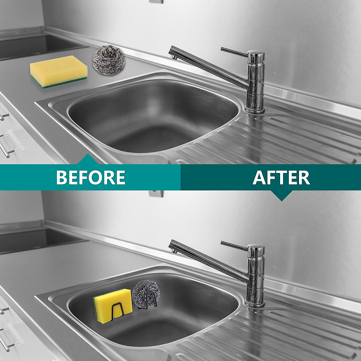 Telivava Sponge Holder for Kitchen Sink(2 Pack), Strong Adhesive Sink Sponge Holder, SUS304 Stainless Steel Sponge Holder for Kitchen Accessories - Waterproof & Quick Drying(B Style Black)