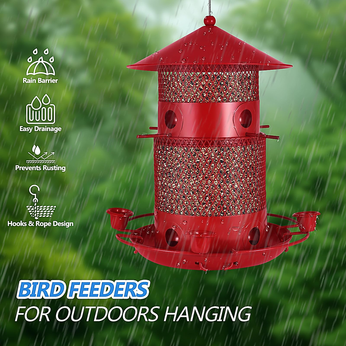 Metal Bird Feeders for Outside, Squirrel Proof Hanging Wild Bird Feeder, 4 Lbs Large Seed Capacity, Outdoors Mesh Tube Birdfeeders with 6 Perches