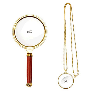 10X Handheld Magnifier Mahogany Handle Magnifier and 5X Necklace Magnifier Reading Magnifying Glass for Reading,Insect Observation, Rocks, Map, Crossword Puzzle,Jewelry