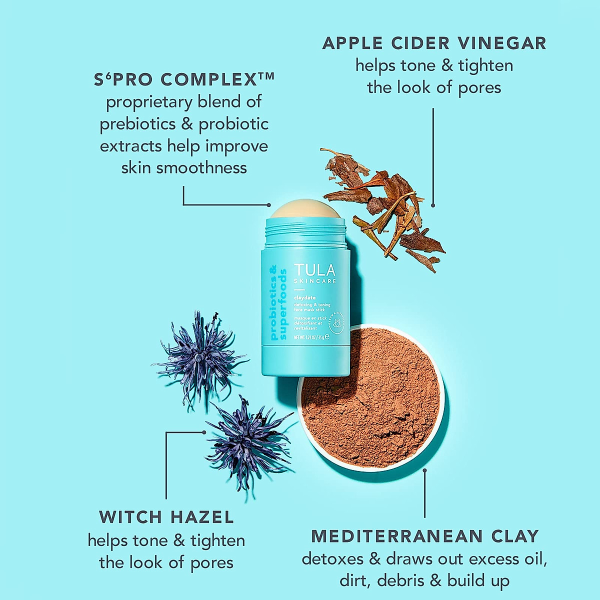 TULA Skincare Claycation - Detoxing & Toning Face Mask Stick, Tightening, Detoxing & Toning, Draws Out Dirt & Oil, Contains Mediterranean Clay, Apple Cider Vinegar, & Witch Hazel, 1.23 oz.