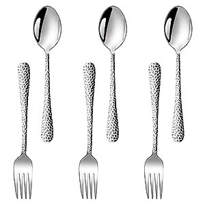 TeamFar Toddler Utensils, Stainless Steel Kids Silverware Children Spoons & Forks for Self Feeding at Home & Preschool, Healthy, Mirror Polished & Hammered Handle, Dishwasher Safe, Set of 6