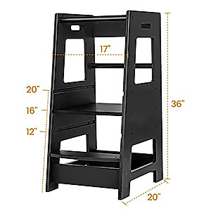 LUSIMO Toddler Step Stool Nursery Standing Tower Wooden Kids Step Stool with Safety Rail Height Adjustable Toddler Learning Tower with Anti-Slip Protection Support Up to 165lbs Black