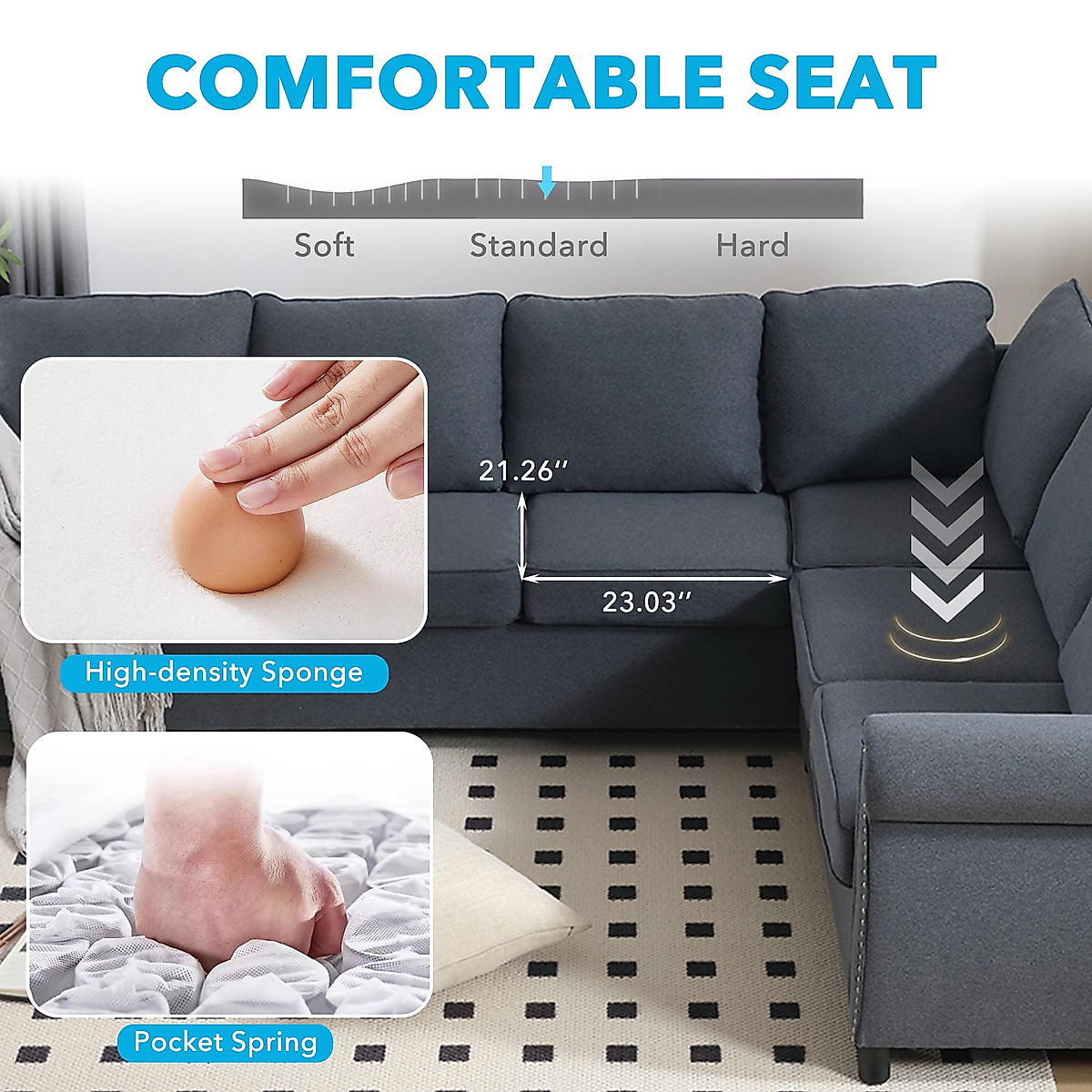 UPYOOE Sleeper Sofa Bed, Pull Out Couch with Mattress, 104'' 6 Seater Upholstery Sectional Couches, Modern Comfy L Shape Sofa Couch, Living Room Furniture for Living Room, Apartment, Studio, Grey