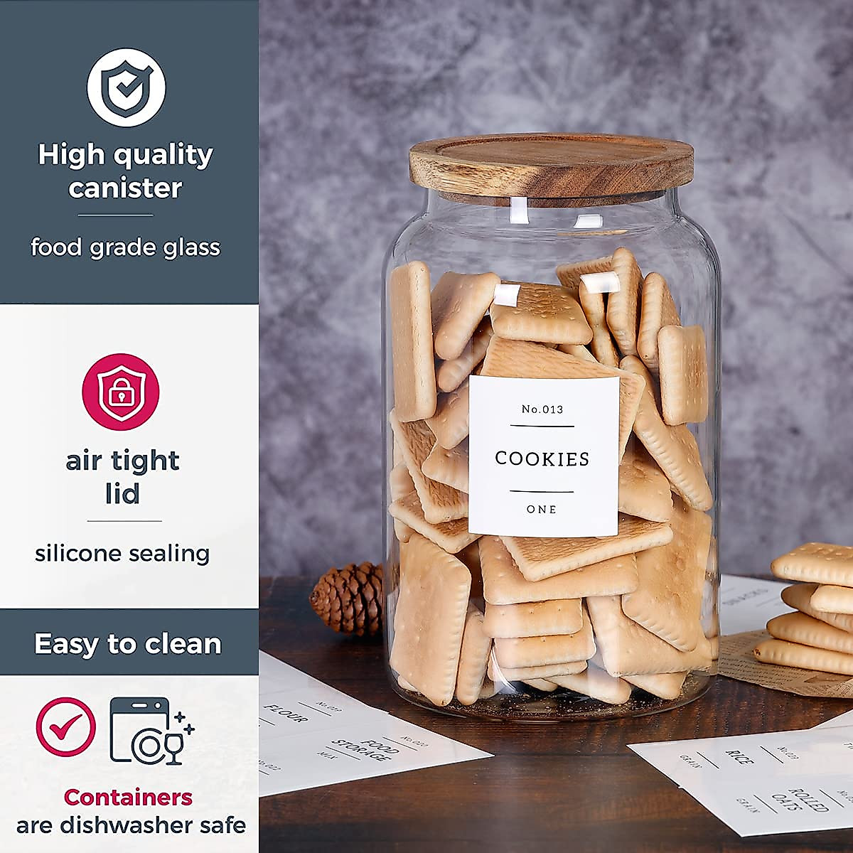 1 Gallon Large Glass Cookie jar with Airtight Acacia lids - Thicken Big Food Storage Containers with 42 Kitchen Waterproof Pantry Labels Preprinted - Clear Glass Canister for Flour, Rice, Coffee