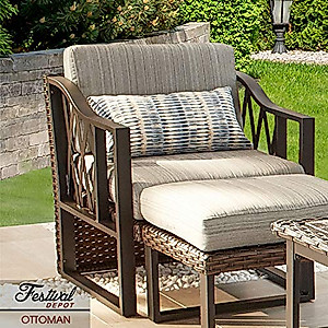 Festival Depot Patio Ottoman Wicker Footstool with Thick Cushion Metal Frame Outdoor Furniture for Deck Yard All Weather (Grey)