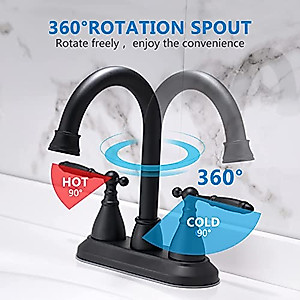 BRAVEBAR 4 Inch Bathroom Sink Faucet Black - 2 Handle Centerset Bathroom Faucets | 360° Swivel Spout Vintage Vanity Faucet Bathroom with Pop-up Drain Assembly and Water Supply Hoses Matte Black