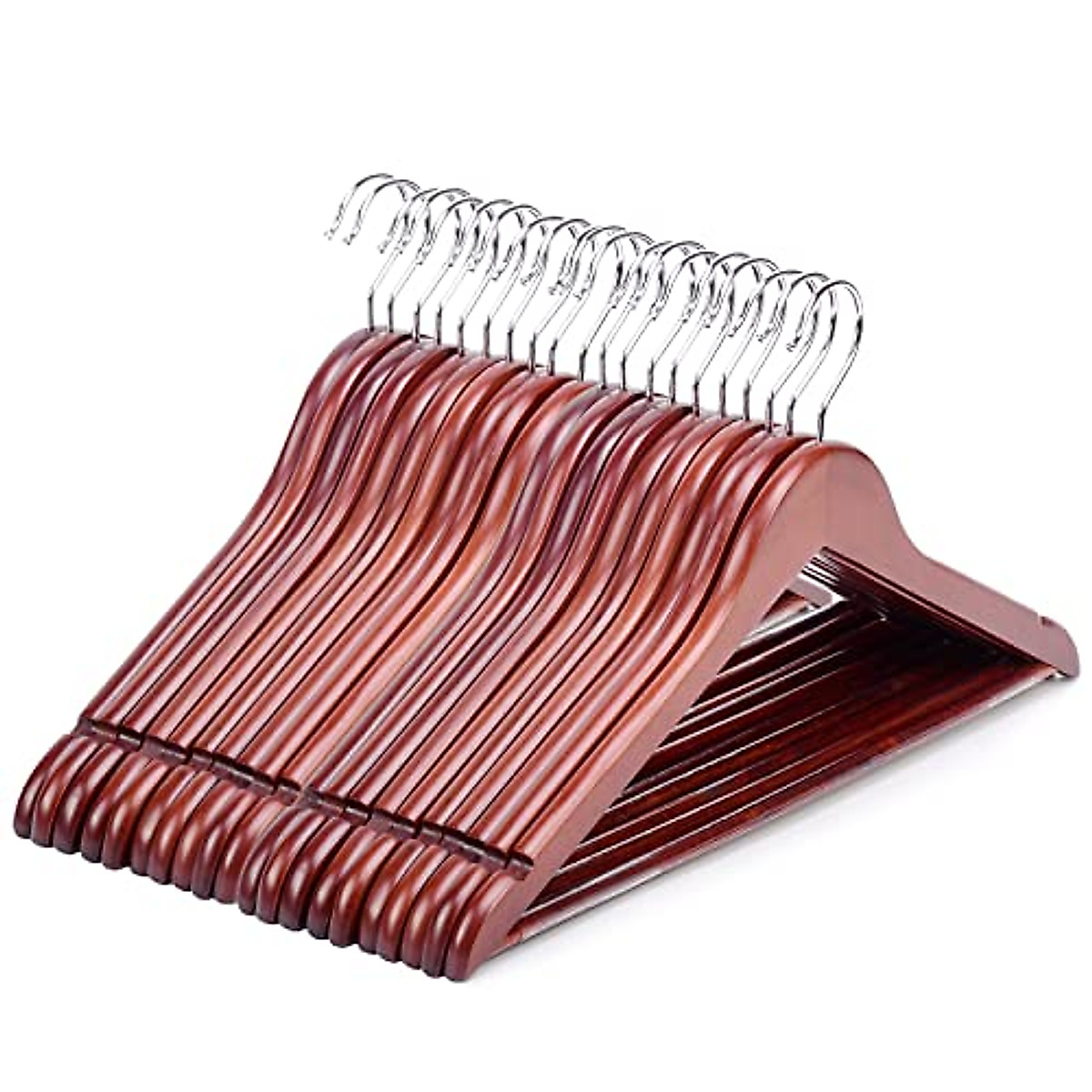 Nature Smile Wooden Suit Hangers 20 Pack Premium Solid Wood Coat Clothes Hangers with Non Slip Bar - Smooth Finish with 360° Swivel Hook and Smooth Notches for Camisole Jacket Pant Dress Cherry Color