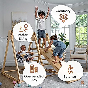 Avenlur 4-in-1 Juniper Indoor Play Gym - Jungle Gym Playset with Baby Swing, Slide, Ladder, and Climbing Wall - Foldable Wooden Playset - Indoor Jungle Gym for Kids Ages 18mo to 6yrs