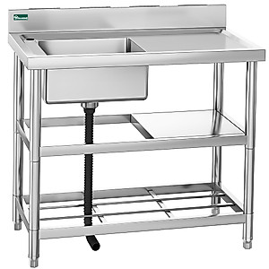 YITAHOME Kitchen Sink Stainless Steel Single Bowl Freestanding Commercial Sink with Drainboard for Restaurant, Utility Sink w/Workbench & Double Storage Shelves for outdoor 39" W x 20" D x 37" H