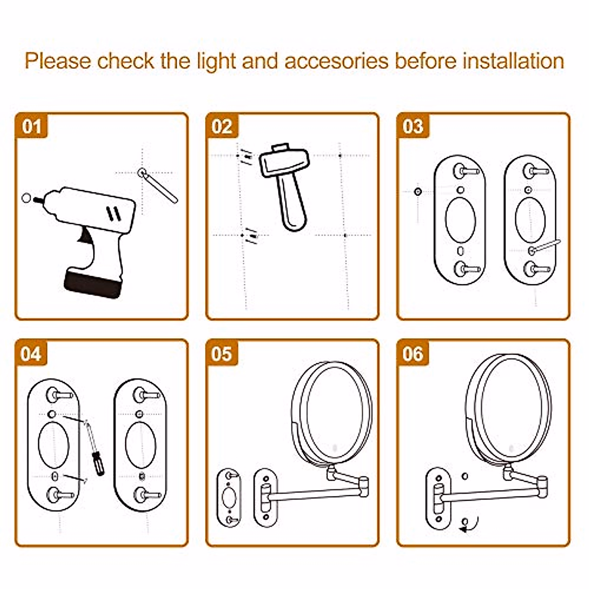 Rechargeable Lighted Makeup Mirror Wall Mount, Extendable Double Side Vanity Mirror with 10X Magnification 3 Color Lights 8 Inch Bathroom Mirror Nickel