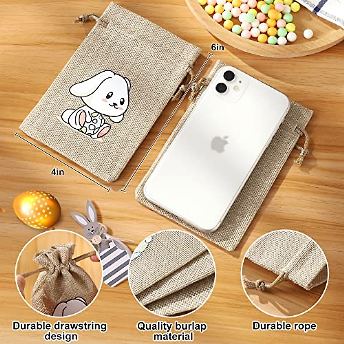 24PCS Easter Burlap Bags with Drawstring, Easter Jute Burlap Bags Small Favor Bags, Cute Bunny Burlap Gift Bag for Easter Party Favor