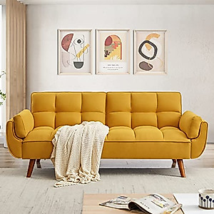 Homies Life Convertible Futon Sofa Bed, Linen Sleeper Couch, 75" W Modern 3 Seater Tufted Sofa with Adjustable Backrests and Soild Wood Legs for Living Room, Bedroom, Small Space, Yellow