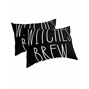 Edwiinsa Halloween Pillow Covers King Standard Set of 2 Bed Pillow, White Words Witches Brew Horror Black Plush Soft Comfort for Hair/Skin Cooling Pillowcases with Envelop Closure 20''x36''