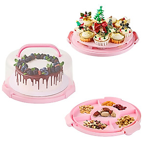 DZ CLAN Cake Carrier, Carrier Cupcake Holder with Cake Turntable, Cake Carrier with Lid and Handle(Pink)