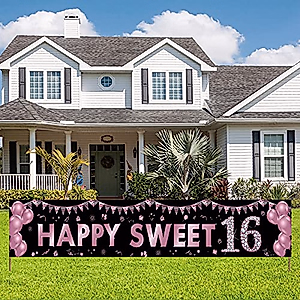 16th Birthday Banner Decorations for Girls, Happy Sweet 16 Birthday Yard Sign Party Supplies, Purple Sixteen Birthday Outdoor Decor Backdrop (9.8x1.6ft)