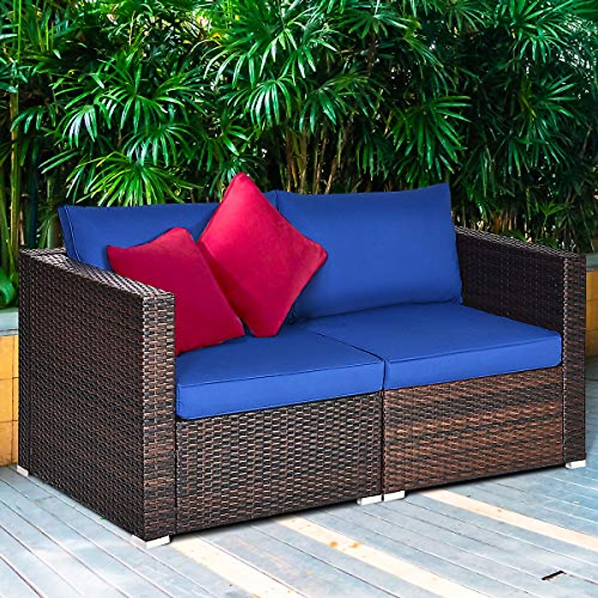 Tangkula Wicker Loveseat 2 Piece, Patio Furniture Couch with Removable Cushions, Rattan Loveseat Sofa for Balcony, Deck, Garden and Poolside