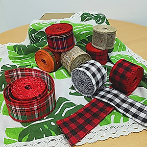 Wired Edge Buffalo Plaid Ribbon and Fabric Burlap Ribbon for DIY Craft Wrapping Christmas Decoration 6.56 Yard (2.36 inch, 8 Rolls)