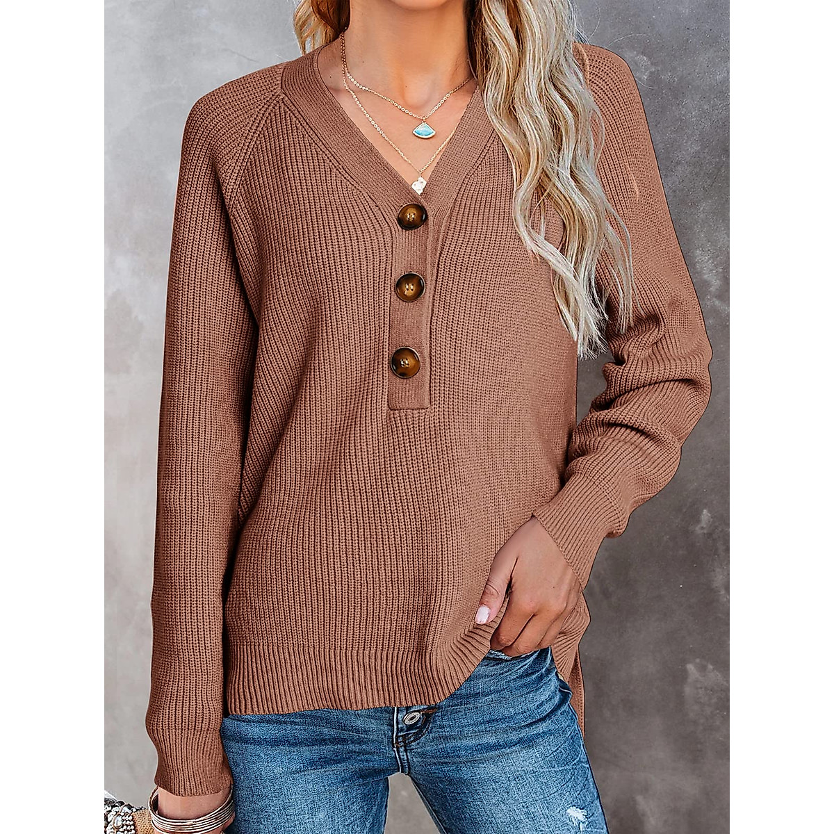 Womens Sweaters Long Sleeve V Neck Button Down Ribbed Knit Sweater Casual Relaxed Fit Pullover Jumper Tops Brown