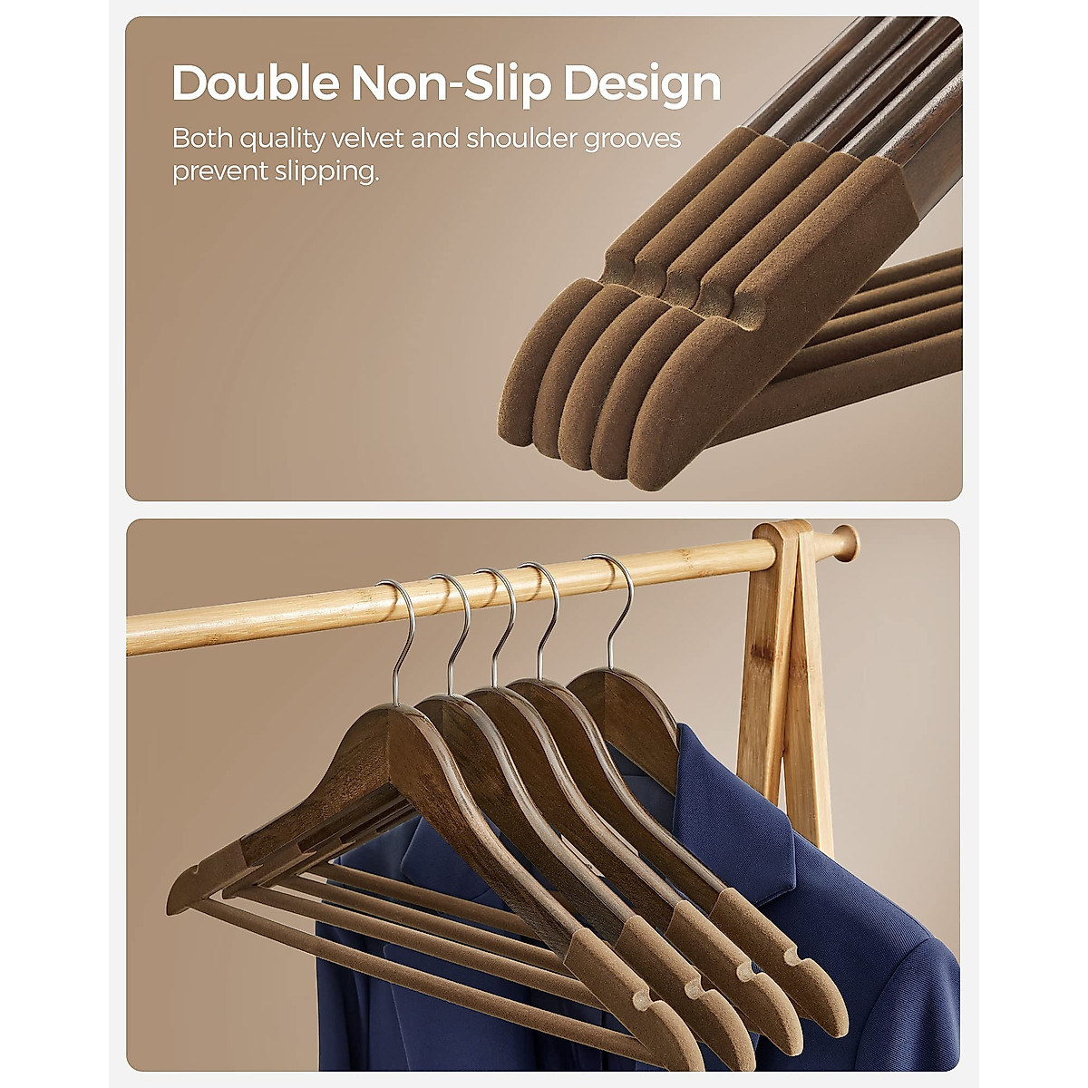 SONGMICS Velvet Wooden Hangers, Set of 20 Wooden Hangers with Velvet Surface, Non-Slip Coat Hangers with Shoulder Grooves, Pants Bar, 360° Swivel Hook, for Jackets Shirts, Dark Walnut UCRW012V02