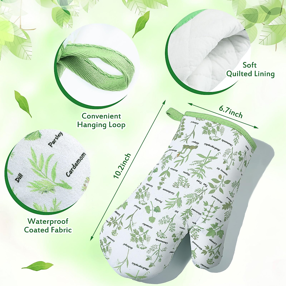 Cunhill 4 Pcs Oven Mitts and Pot Holders Set Sage Green High Heat Resistant 300 Degree Heat Spring Kitchen Cotton Oven Glove with Hanging Loops for Baking Cooking BBQ