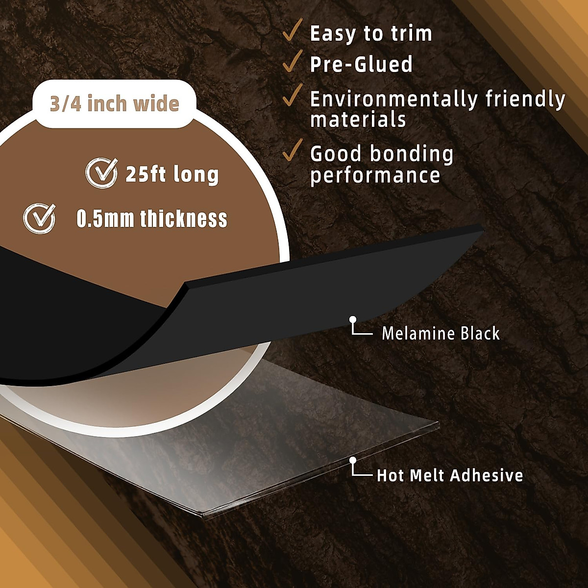 GSCIT Club Black Melamine Edge Banding, 3/4 inch x 25ft, Commercial Grade, Flexible Edging Trim for Plywood Cabinet Furniture