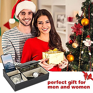 Baoyun Mens Valet Tray Organizer, Mens Jewelry Box, Nightstand Organizer with 5 Compartments, Dresser Faux Leather Storage Box for Wallet, Phone, Keys (Black)